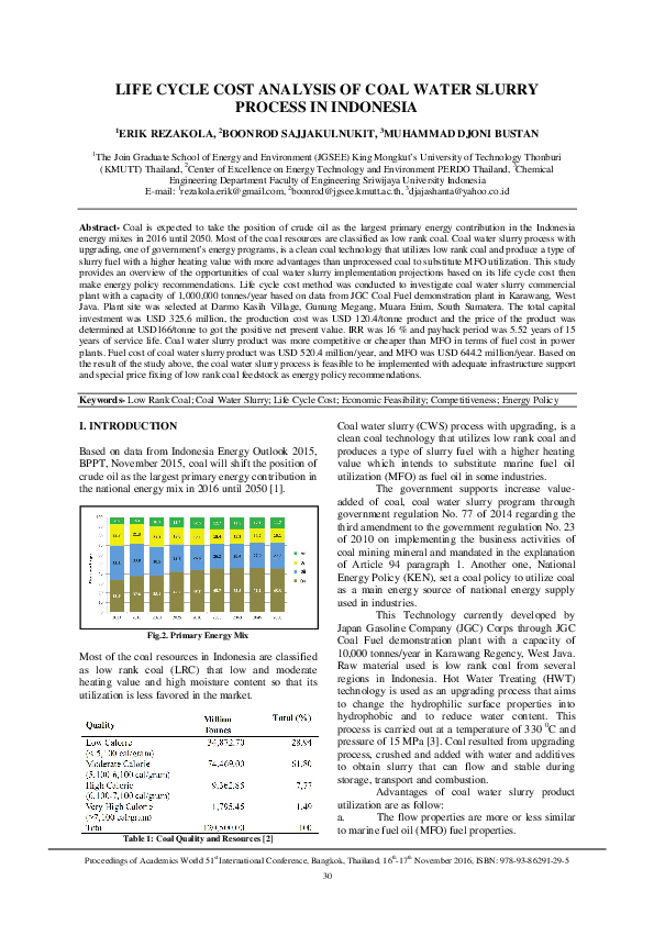 (PDF) Life Cycle Cost Analysis of Coal Water Slurry Process in Indonesia