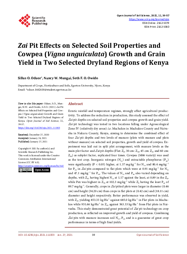 (PDF) Zai Pit Effects on Selected Soil Properties and Cowpea (Vigna ...