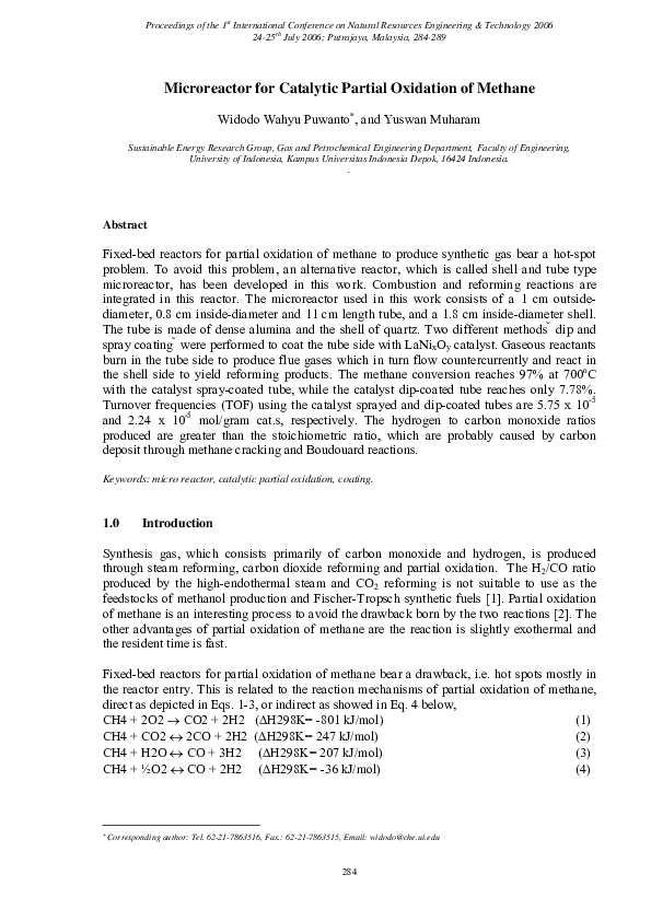 (PDF) Microreactor for the Catalytic Partial Oxidation of Methane