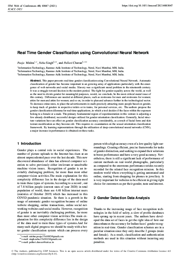 Pdf Real Time Gender Classification Using Convolutional Neural Network