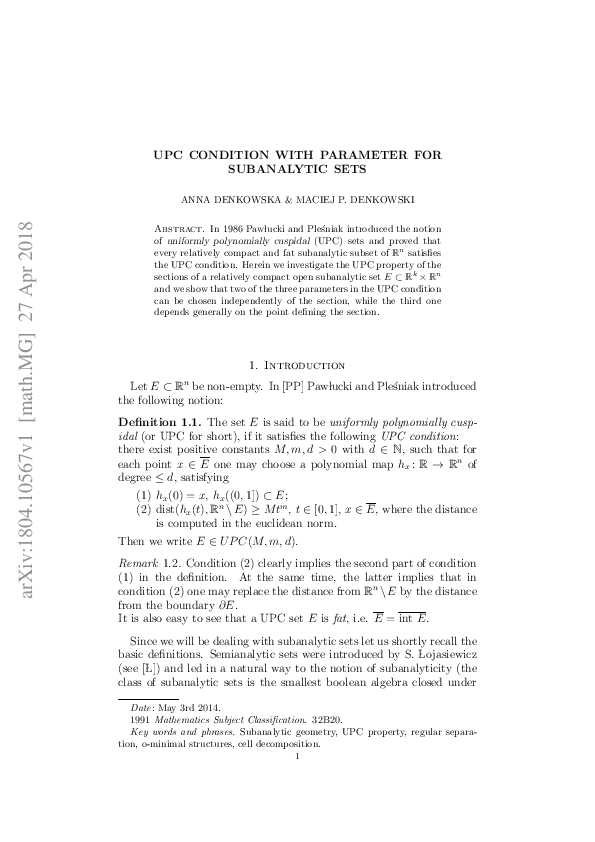 (PDF) UPC condition with parameter for subanalytic sets
