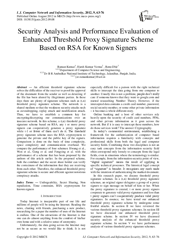 (PDF) Security Analysis and Performance Evaluation of Enhanced Threshold Proxy Signature Scheme ...