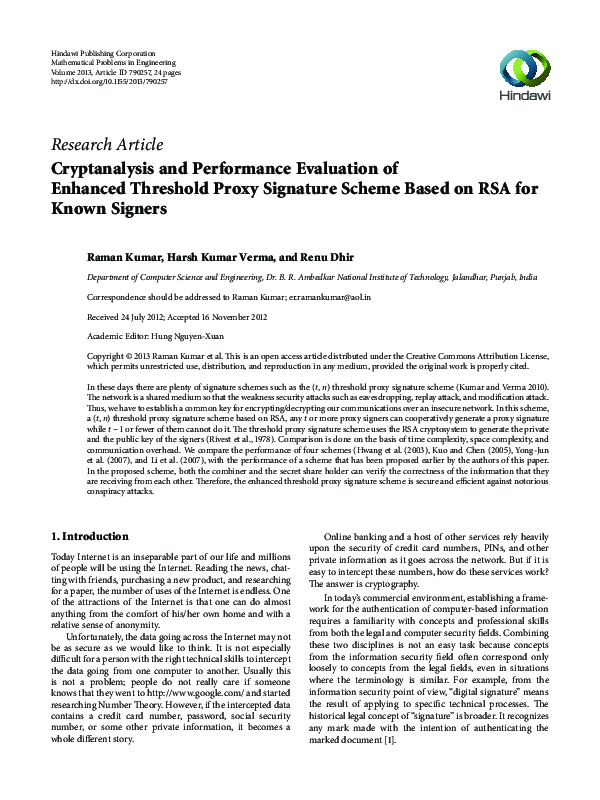 (PDF) Cryptanalysis and Performance Evaluation of Enhanced Threshold Proxy Signature Scheme ...