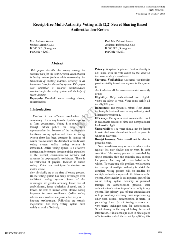 (PDF) Receipt-free Multi-Authority Voting with (2,2) Secret Sharing Based Authentication-Review