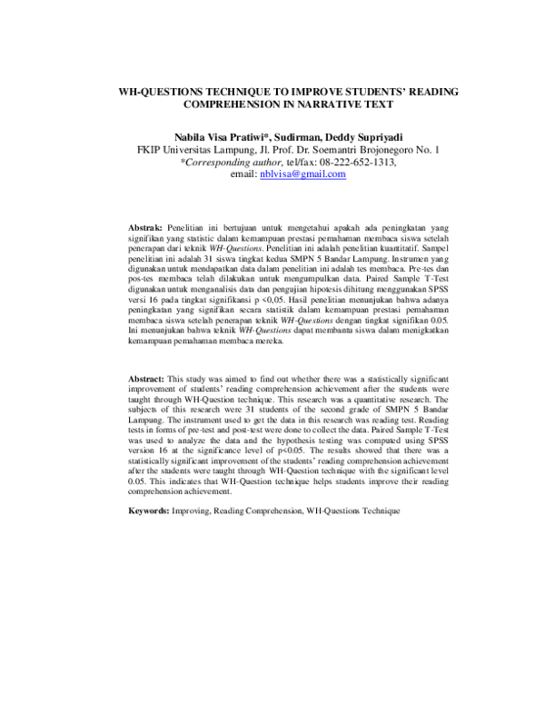 (PDF) WH-Questions Technique to Improve Students' Reading Comprehension In Narrative Text