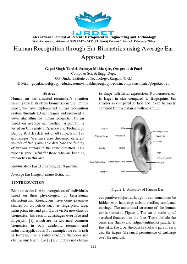 (PDF) Human Recognition through Ear Biometrics using Average Ear Approach