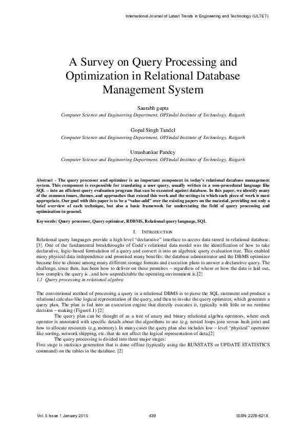 (PDF) A Survey on Query Processing and Optimization in Relational ...