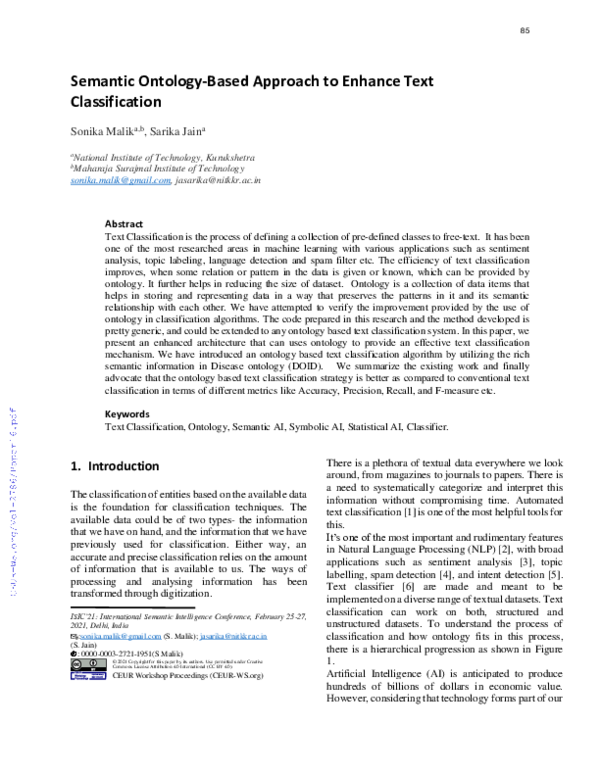 Pdf Semantic Ontology Based Approach To Enhance Text Classification