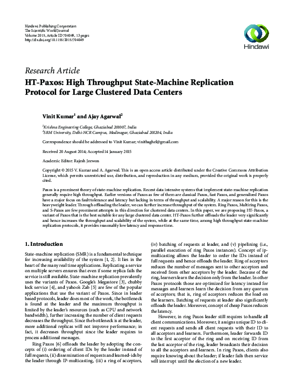 (PDF) HT-Paxos: High Throughput State-Machine Replication Protocol for Large Clustered Data Centers