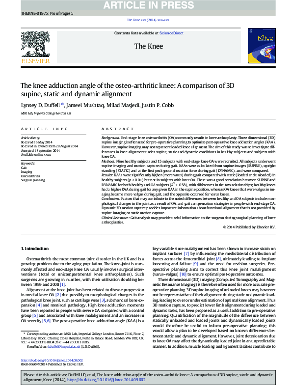 (PDF) The knee adduction angle of the osteo-arthritic knee: A ...