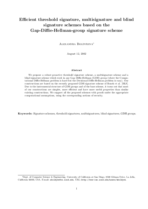 Pdf Efficient Threshold Signature Multisignature And Blind Signature