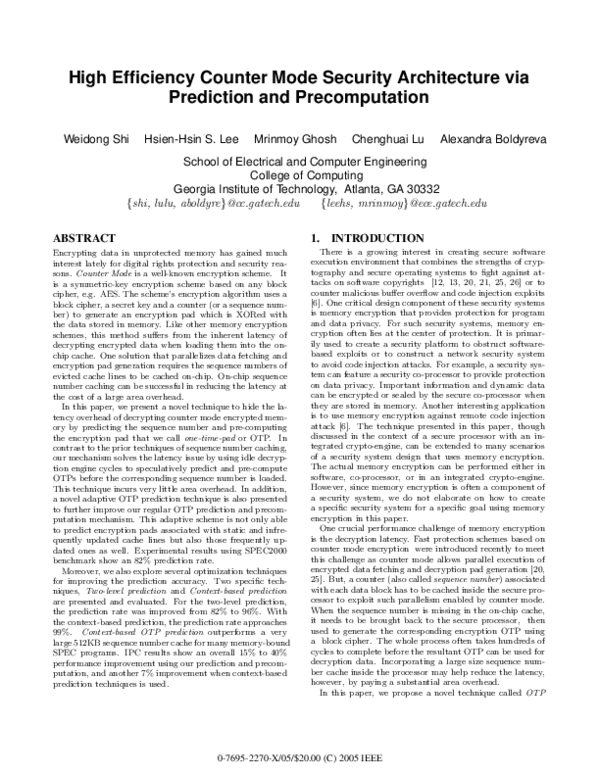 Pdf High Efficiency Counter Mode Security Architecture Via Prediction And Precomputation 