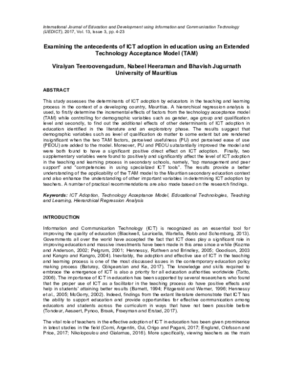 (PDF) Examining the antecedents of ICT adoption in education using an Extended Technology ...