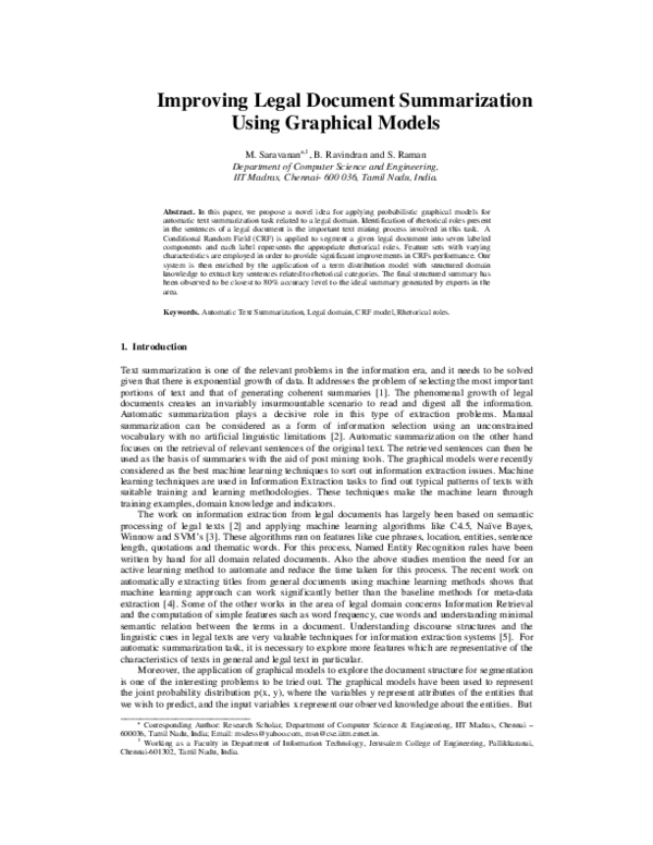 (PDF) Improving legal document Summarization using graphical models