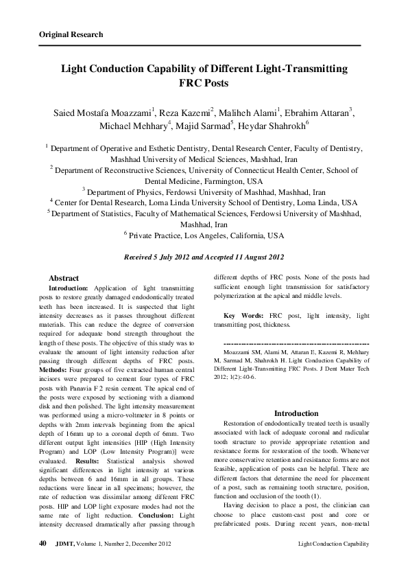 (PDF) Light Conduction Capability of Different Light-Transmitting FRC Posts