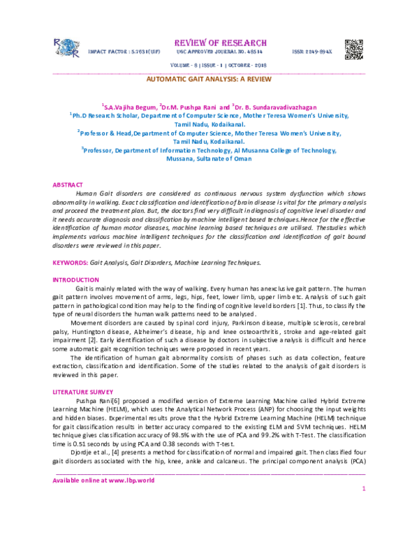 (PDF) Automatic Gait Analysis : A Review 1