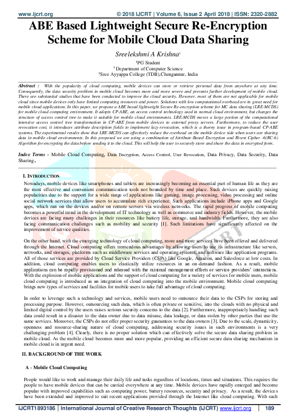 (PDF) ABE Based Lightweight Secure Re-Encryption Scheme for Mobile Cloud Data Sharing