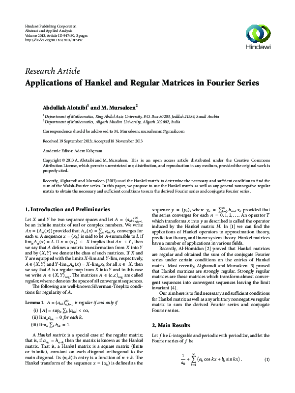 (PDF) Applications of Hankel and Regular Matrices in Fourier Series