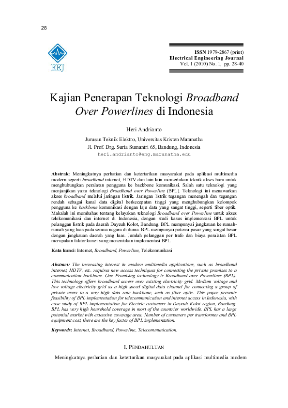 (PDF) Kajian Penerapan Teknologi Broadband Over Powerlines di Indonesia (PDF) Kajian Penerapan Teknologi Broadband Over Powerlines di Indonesia