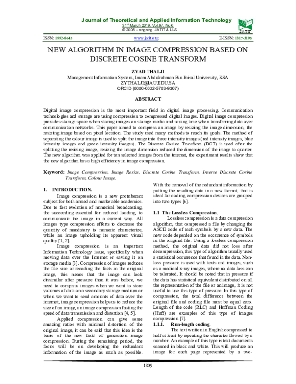 Pdf New Algorithm In Image Compression Based On Discrete Cosine Transform