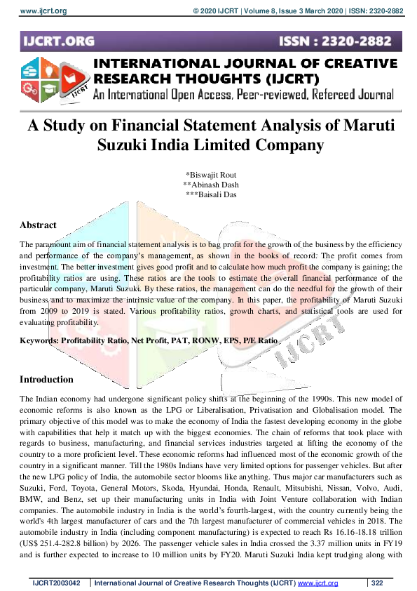 (PDF) A Study on Financial Statement Analysis of Maruti Suzuki India Limited Company