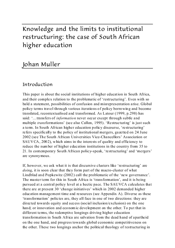 (PDF) Knowledge and the limits to institutional restructuring: the case ...
