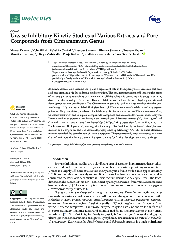 (PDF) Urease Inhibitory Kinetic Studies of Various Extracts and Pure ...