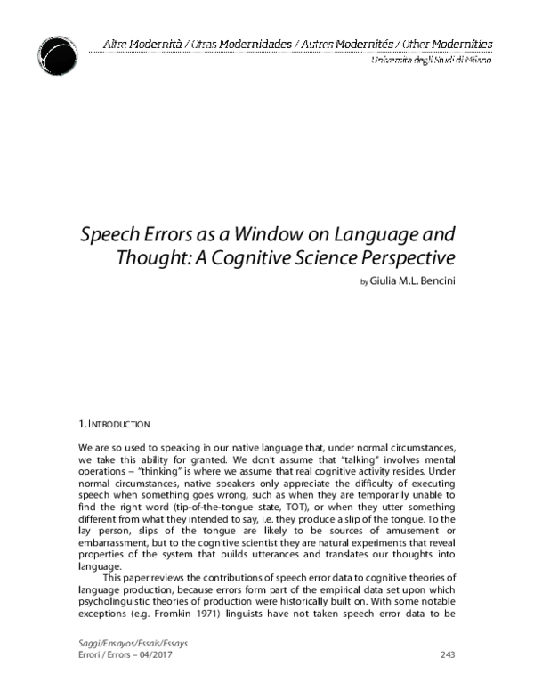 (PDF) Speech Errors as a Window on Language and Thought: A Cognitive Science Perspective
