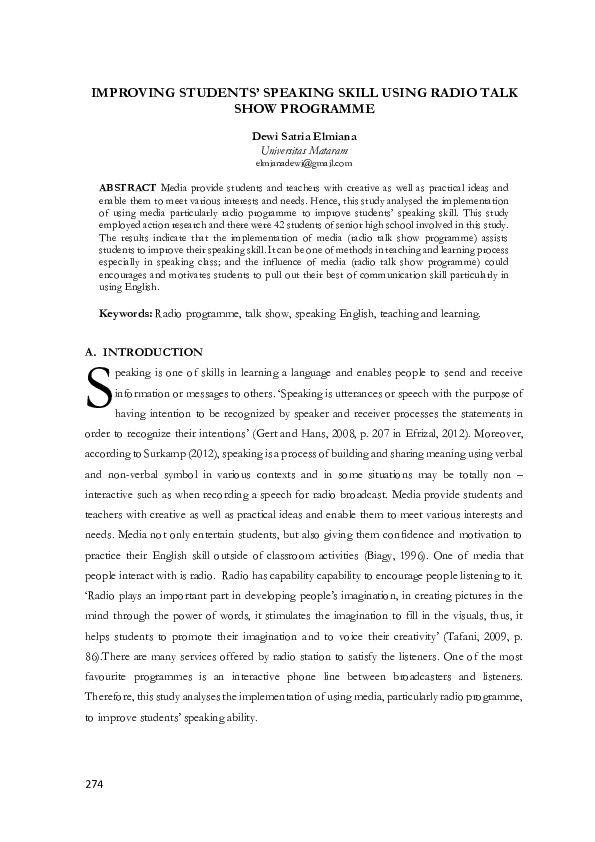 (PDF) Improving Students’ Speaking Skill Using Radio Talk Show Programme