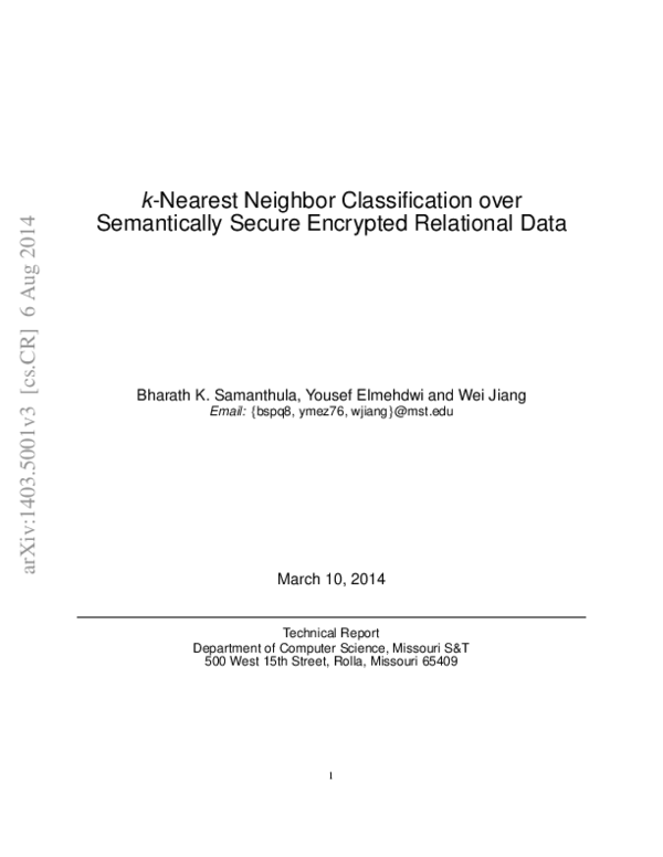 (PDF) k-Nearest Neighbor Classification over Semantically Secure Encrypted Relational Data