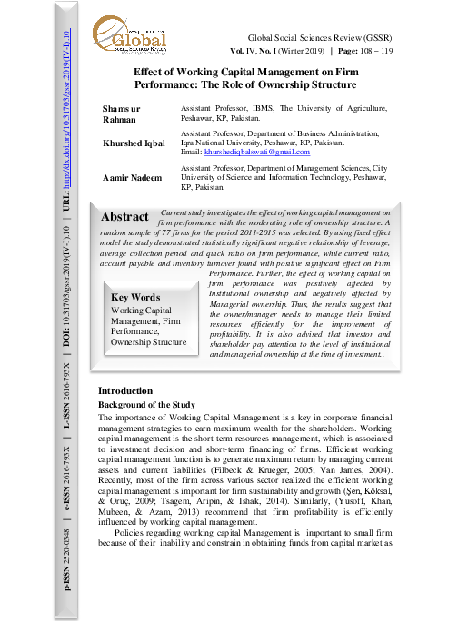 (PDF) Effect of Working Capital Management on Firm Performance: The Role of Ownership Structure