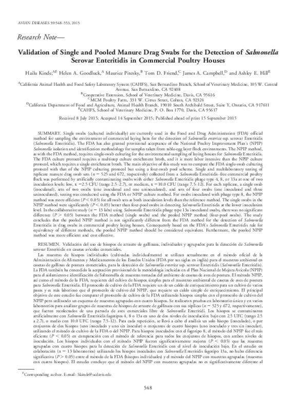 (PDF) Validation of Single and Pooled Manure Drag Swabs for the ...