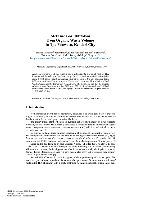 (PDF) Methane Gas Utilization from Organic Waste Volume in Tpa Puuwatu ...