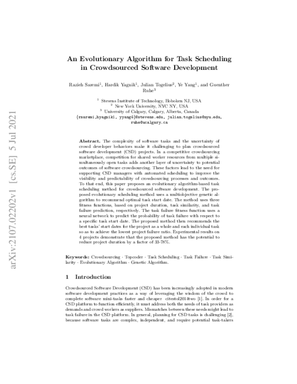 Pdf An Evolutionary Algorithm For Task Scheduling In Crowdsourced