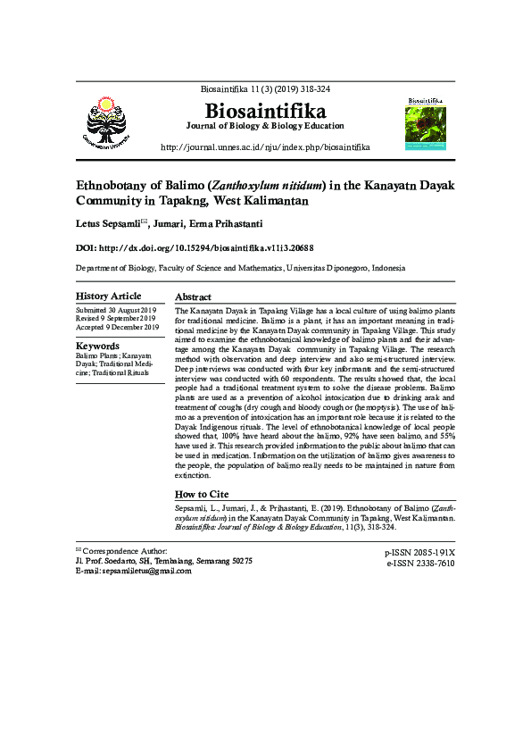 (PDF) Ethnobotany of Balimo (Zanthoxylum nitidum) in the Kanayatn Dayak ...