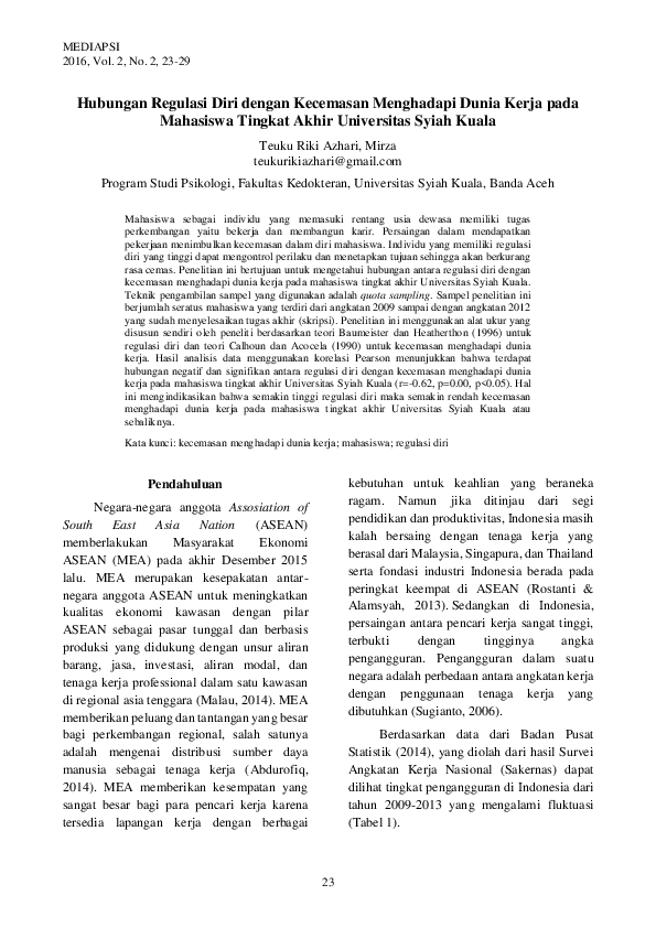 (PDF) Hubungan Regulasi Diri dengan Kecemasan Menghadapi Dunia Kerja pada Mahasiswa Tingkat ...