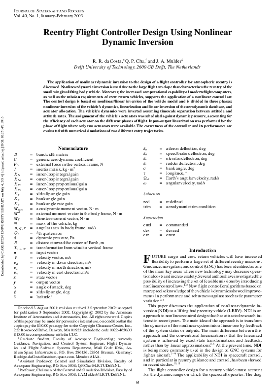 (PDF) Reentry Flight Controller Design Using Nonlinear Dynamic Inversion