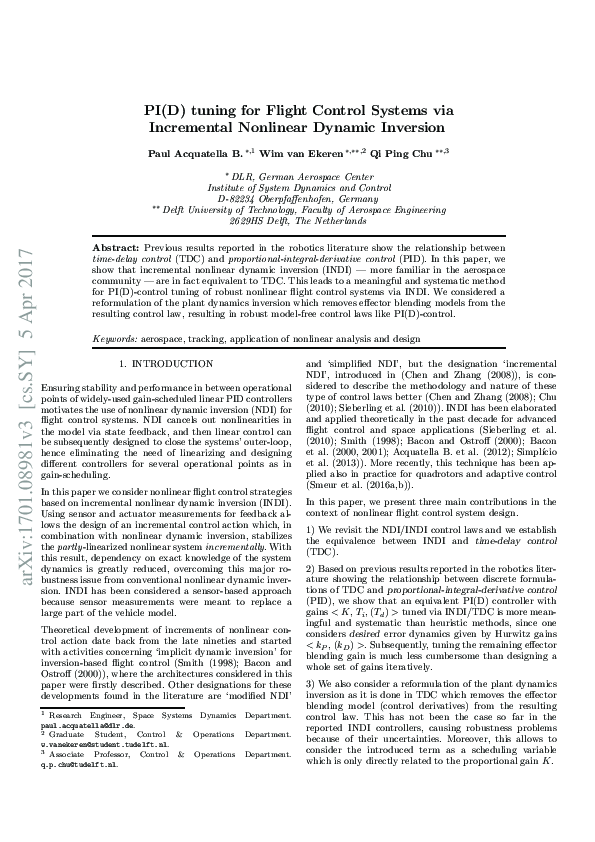 Pdf Pid Tuning For Flight Control Systems Via Incremental Nonlinear Dynamic Inversion