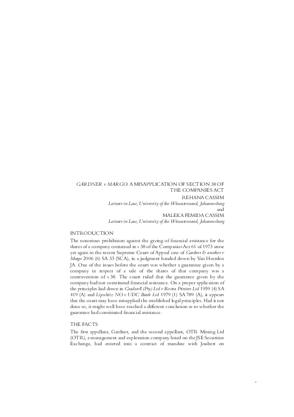 (PDF) Gardner v Margo: A Misapplication of Section 38 of the Companies Act