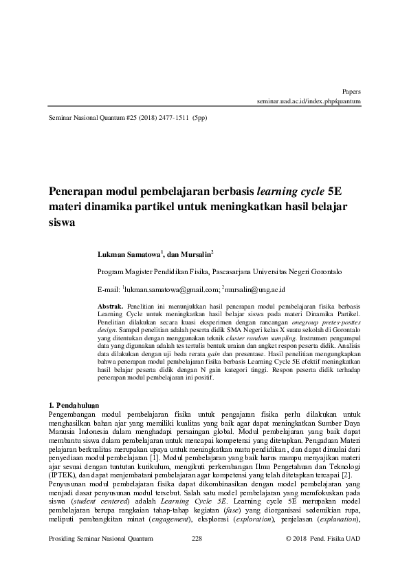 (PDF) Penerapan modul pembelajaran berbasis learning cycle 5E materi dinamika partikel untuk ...