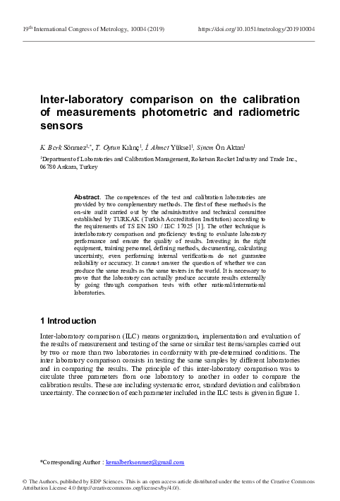 (PDF) Inter-laboratory comparison on the calibration of measurements photometric and radiometric ...