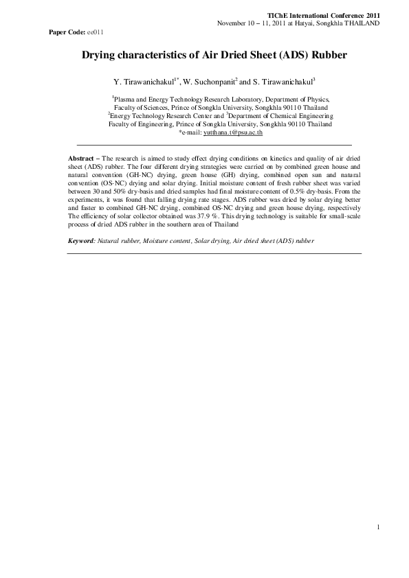 (PDF) Drying characteristics of Air Dried Sheet (ADS) Rubber