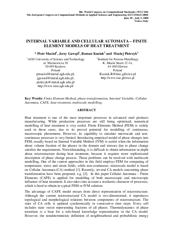 (PDF) Internal Variable and Cellular Automata-Finite Element Models of Heat Treatment