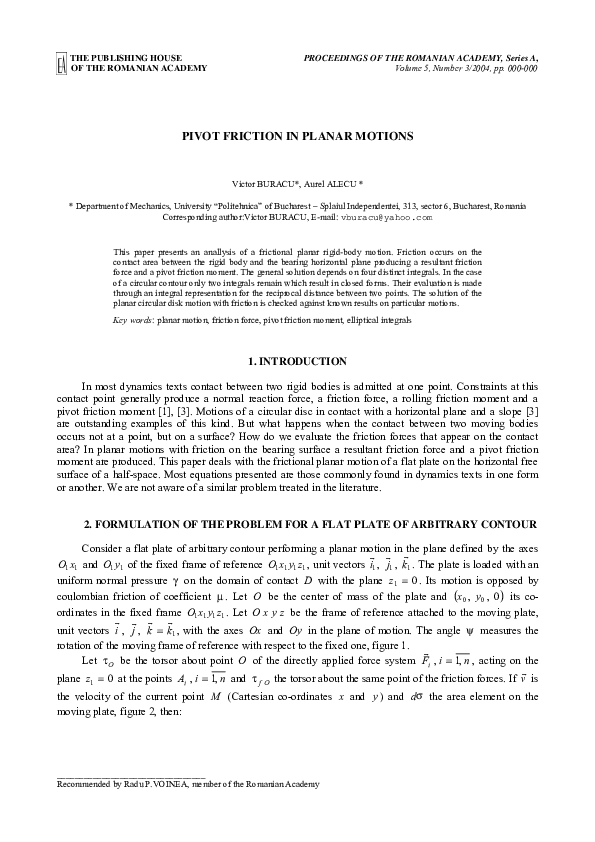 (PDF) Pivot Friction in Planar Motions
