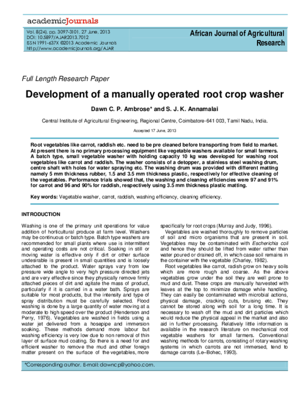 (PDF) Development of a manually operated root crop washer