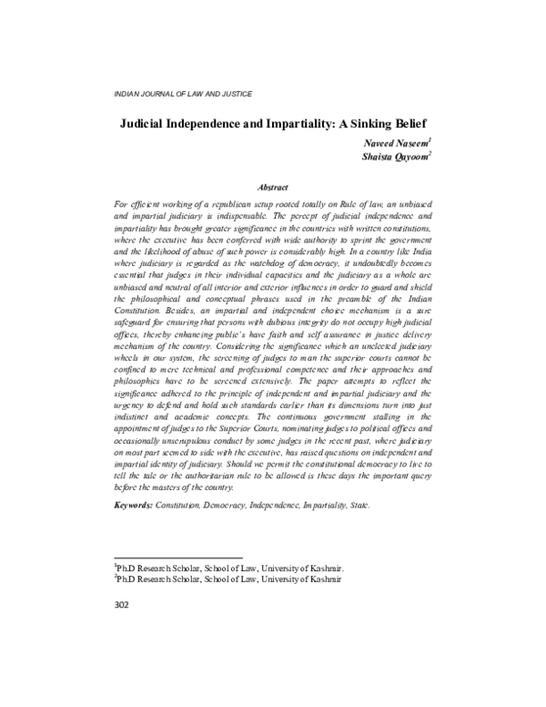 (PDF) Judicial Independence and Impartiality: A Sinking Belief