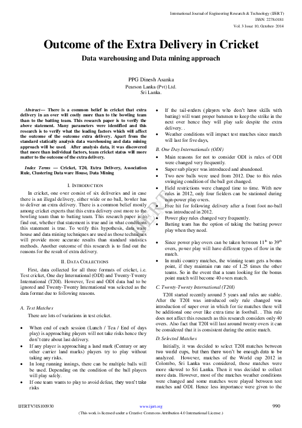 (PDF) Outcome of the Extra Delivery in Cricket -Data warehousing and ...
