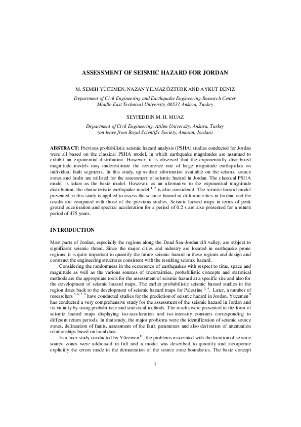 (PDF) Assessment of Seismic Hazard for Jordan