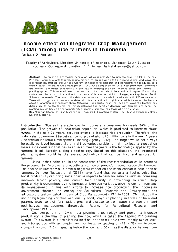 (PDF) Income effect of Integrated Crop Management ( ICM ) among rice ...