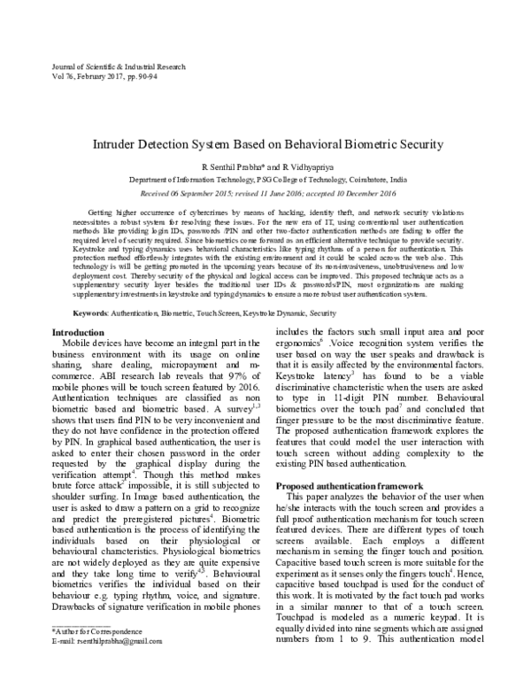 (PDF) Intruder Detection System Based on Behavioral Biometric Security